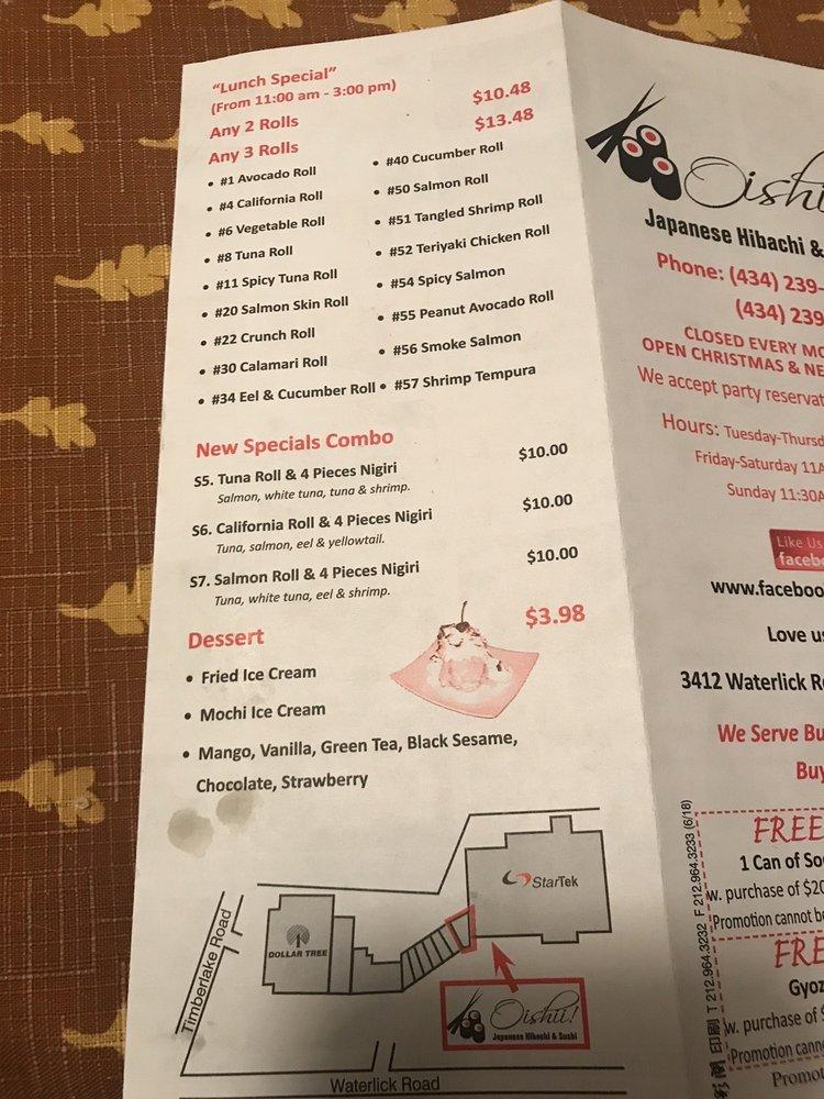 Menu at Oishii! Japanese Hibachi & Sushi restaurant, Lynchburg