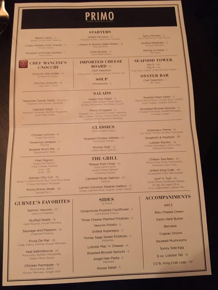 Menu at Primo Italian American Cuisine steakhouse, Gurnee