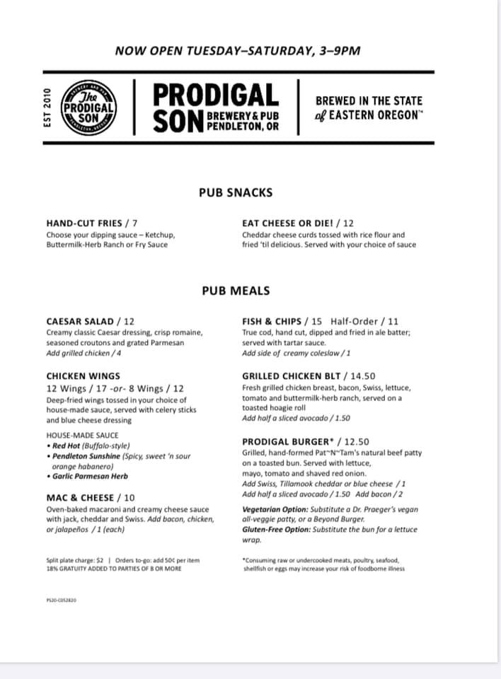 Menu at Prodigal Son Brewery & Pub, Pendleton