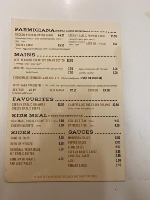 Menu at Royal George Hotel restaurant, Nambour