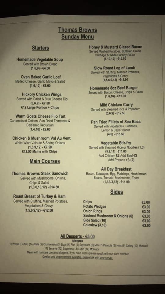 Menu at Thomas Browns Restaurant, Kanturk