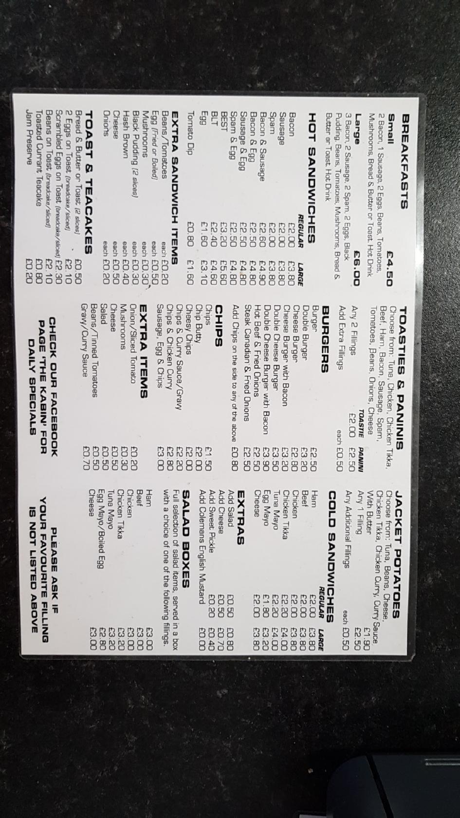 Menu at The Kabin cafe, Leeds