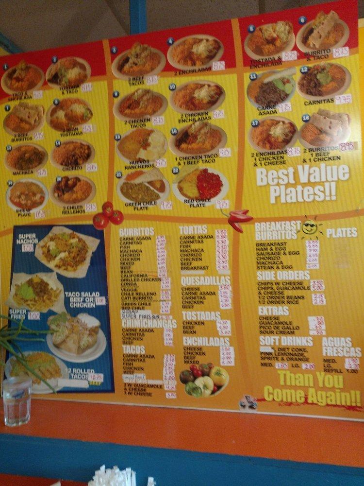 Menu at Adolfo's Taco Shop restaurant, Benson