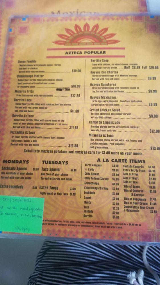 Menu at Azteca Mexican Grill restaurant, Oklahoma City