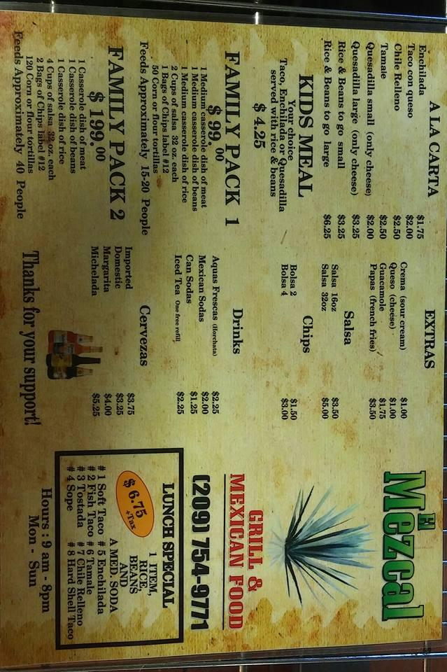 Menu at El Mezcal Mexican Restaurant, San Andreas