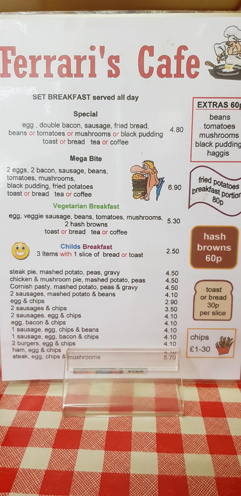 Menu at Ferraris Cafe, Peterborough