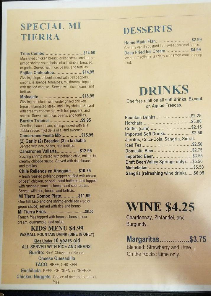 Menu at Mi Tierra Restaurant, Valley Springs