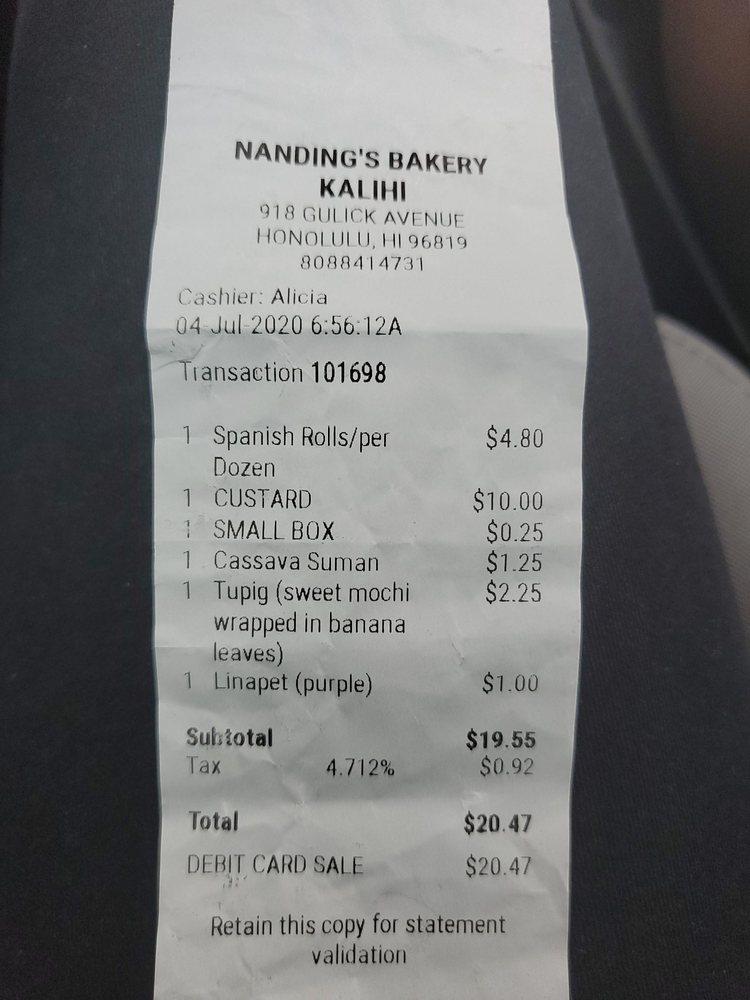 Menu at Nanding's Bakery, Waipahu