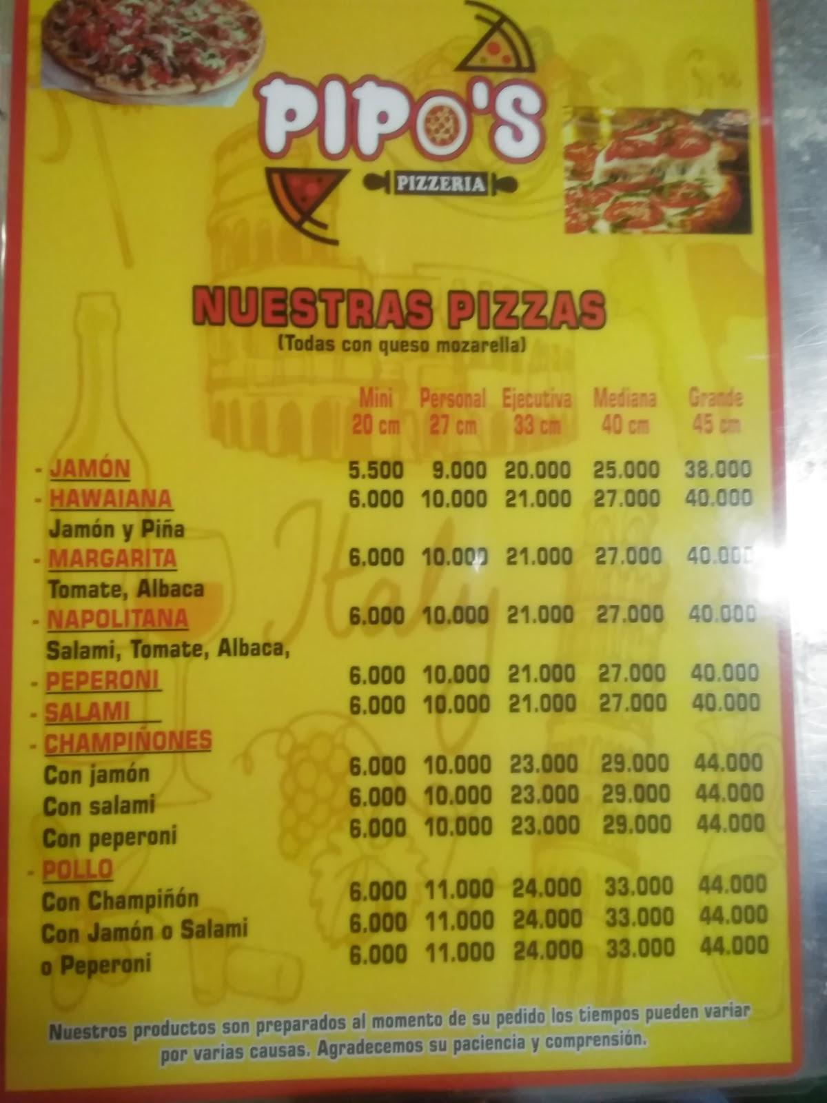 Carta de Pipo's Pizzería, Medellín
