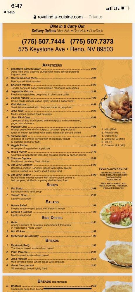 Menu at Royal India Cuisine Restaurant, Reno