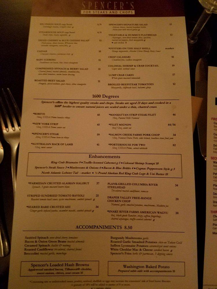 Menu at Spencer's For Steaks & Chops steakhouse, Spokane