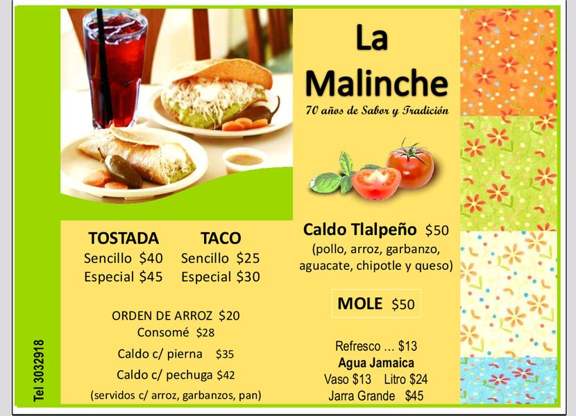 Carta del restaurante Taqueria La Malinche, Torreón, casi esq. con Aldama