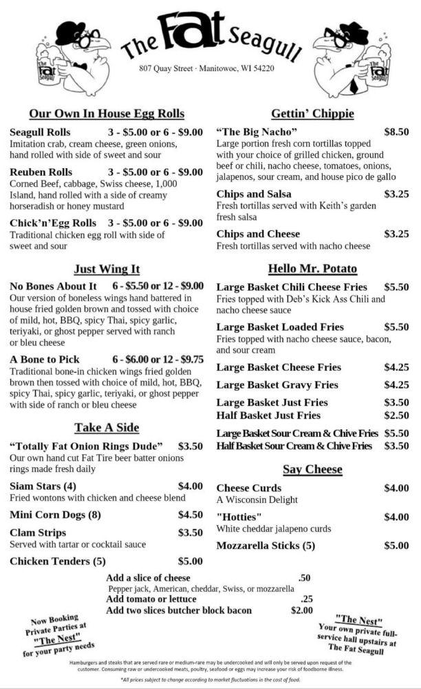 Menu at The Fat Seagull pub & bar, Manitowoc