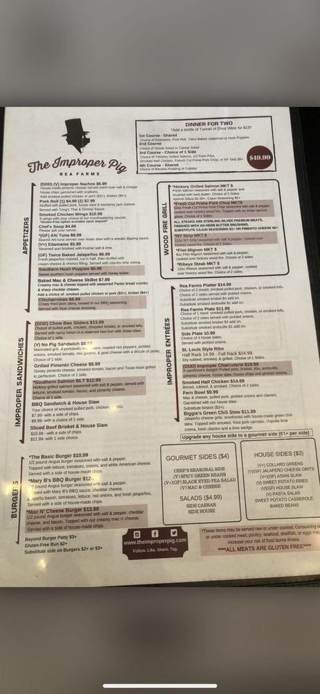 Menu at The Improper Pig @ Rea Farms BBQ, Charlotte, Sandy Rock Pl A