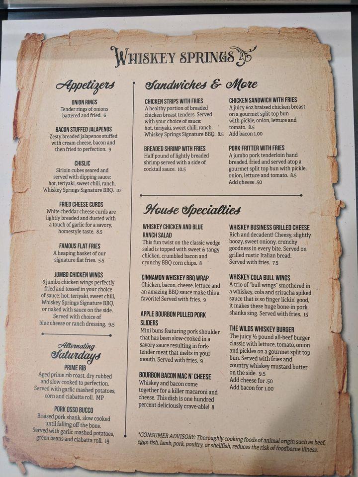 Menu at Whiskey Springs pub & bar, USA