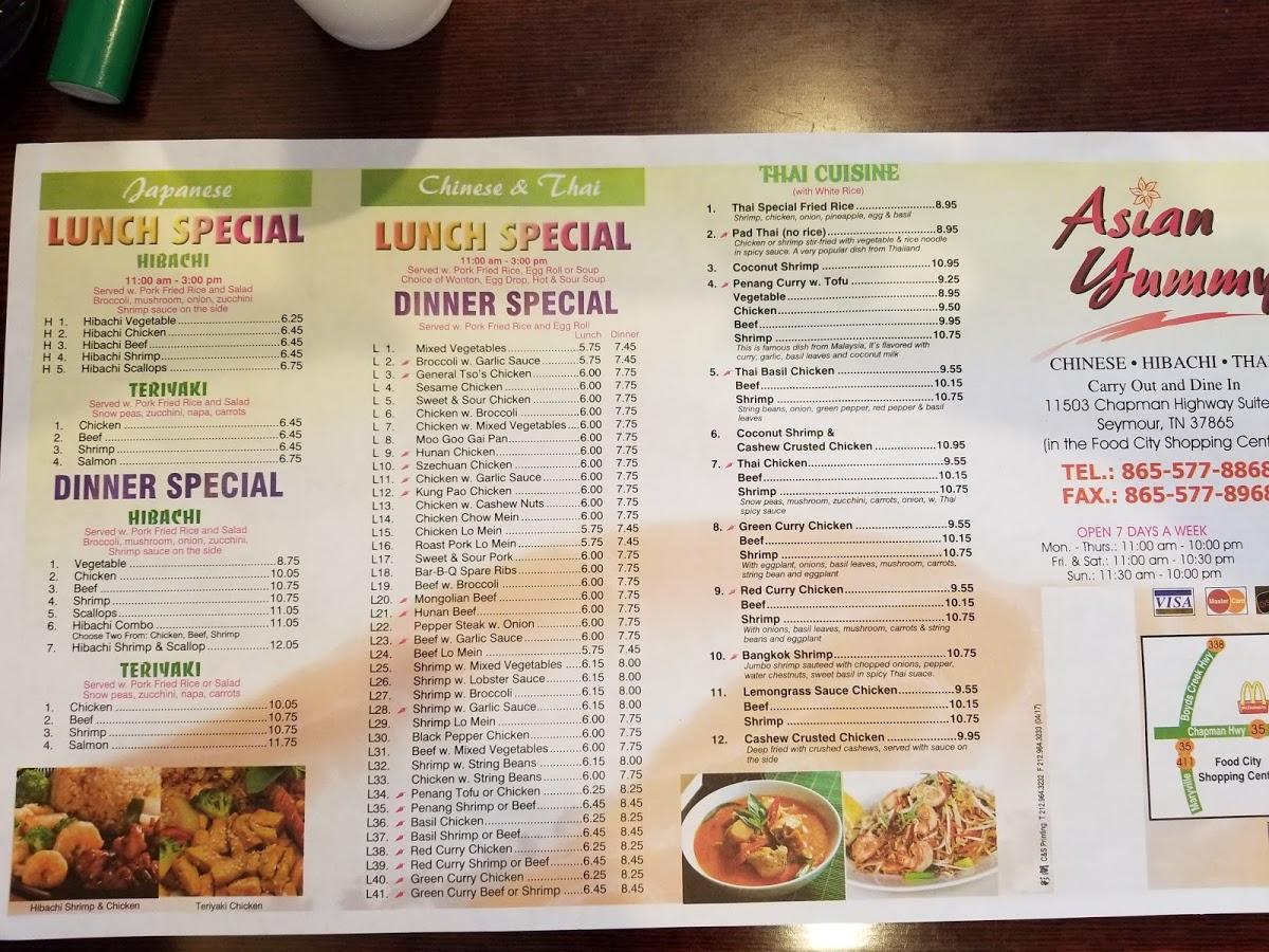 Menu at Asian Yummy restaurant, Seymour