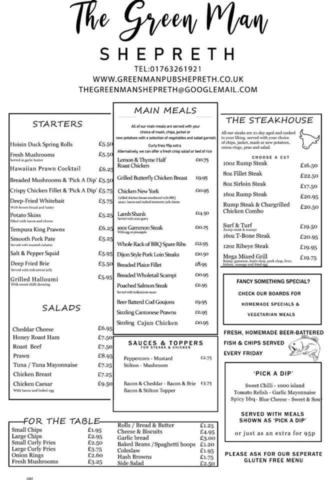 Menu at The Green Man pub & bar, Melbourn, Dunsbridge Turnpike