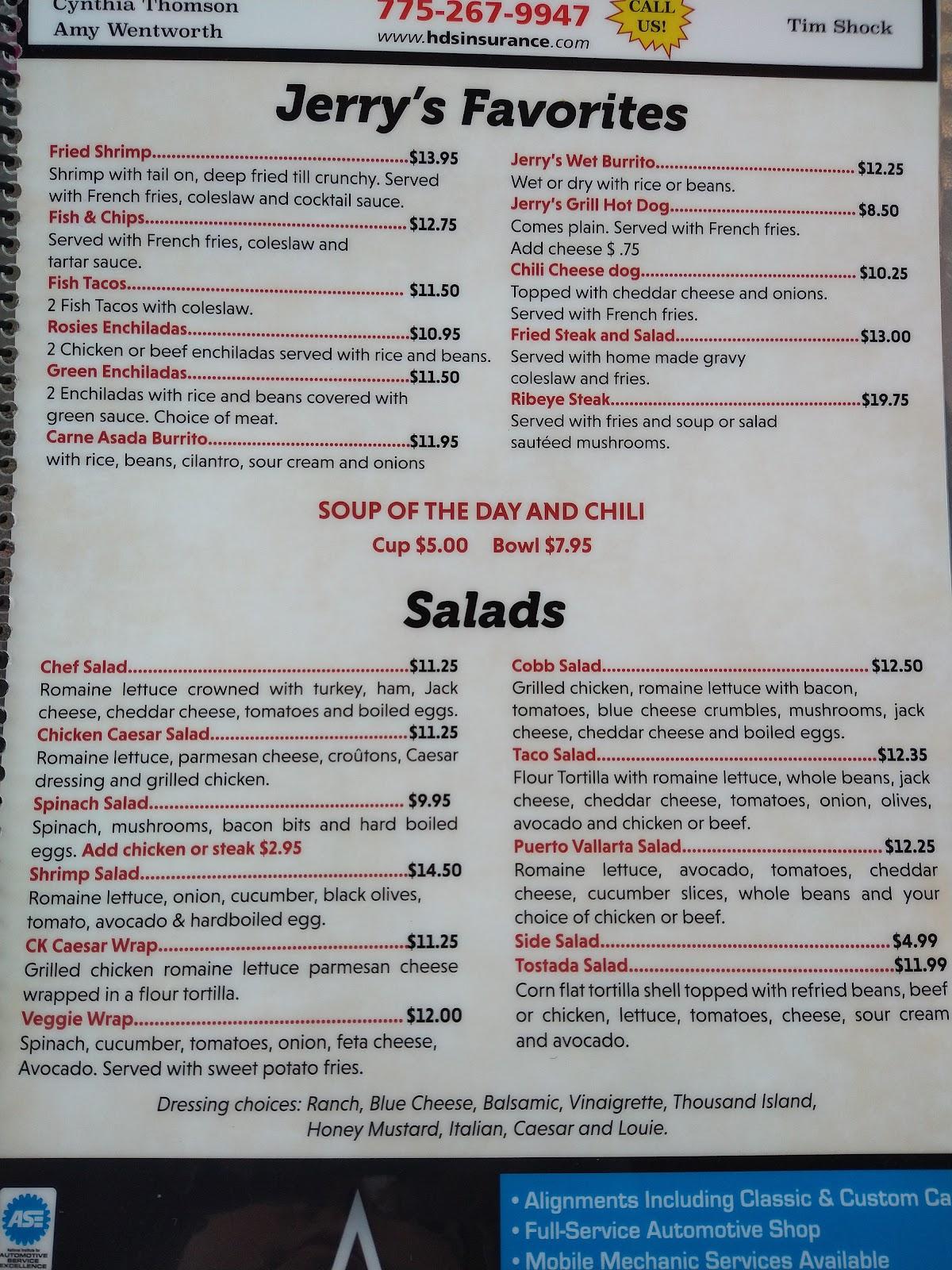 Menu at Jerry's Grill restaurant, Gardnerville