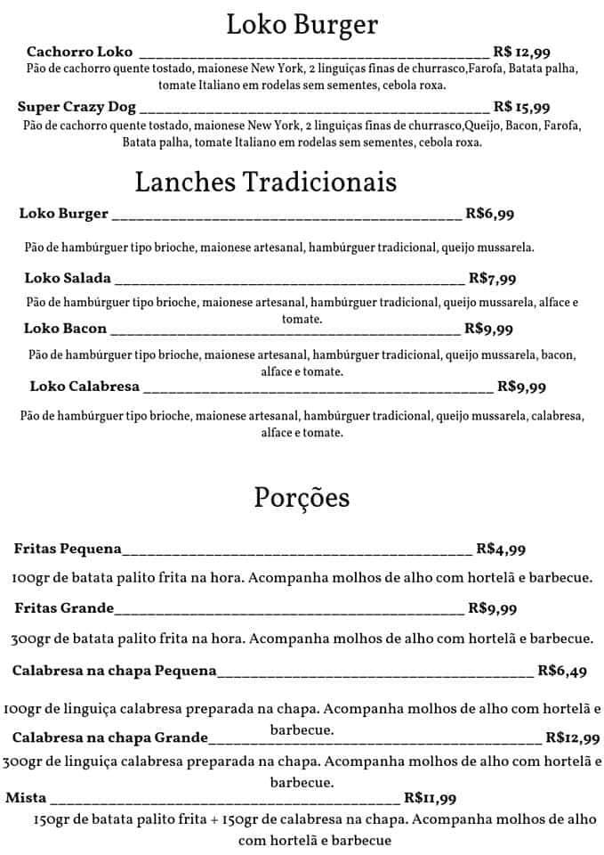 Menu at Loko Burger PG restaurant, Ponta Grossa