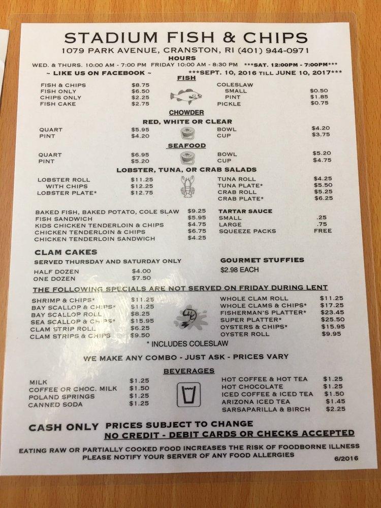 Menu at Stadium Fish & Chips restaurant, Cranston