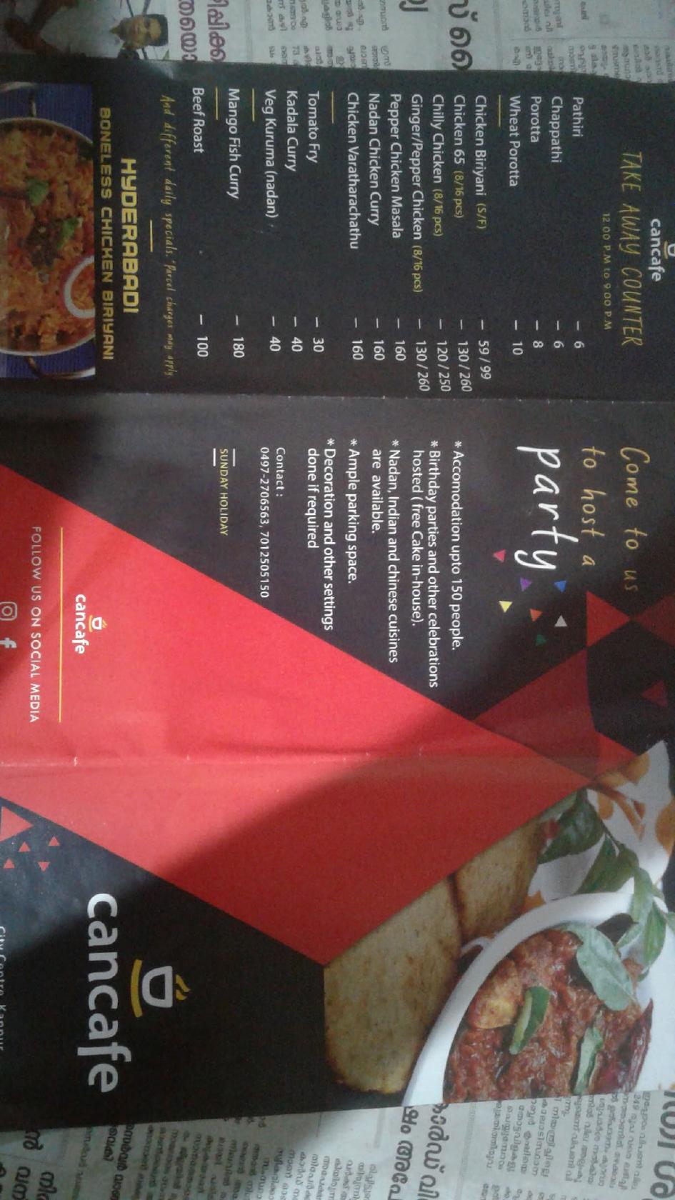 Menu at Can Cafe, Kannur