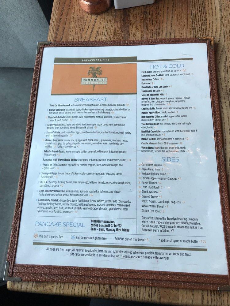 Menu at Community Food & Juice pub & bar, West New York