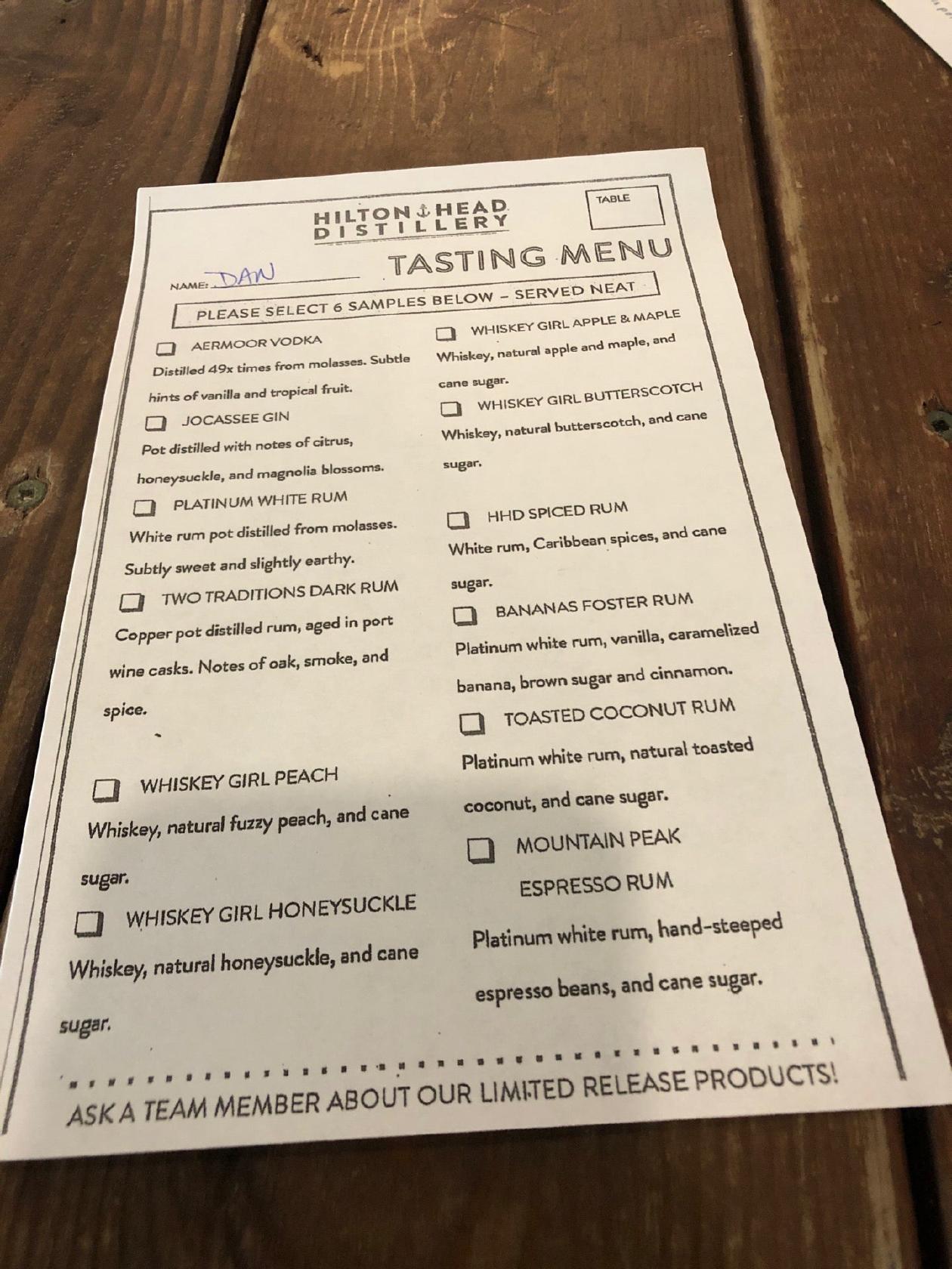 Menu at Hilton Head Distillery pub & bar, Hilton Head Island