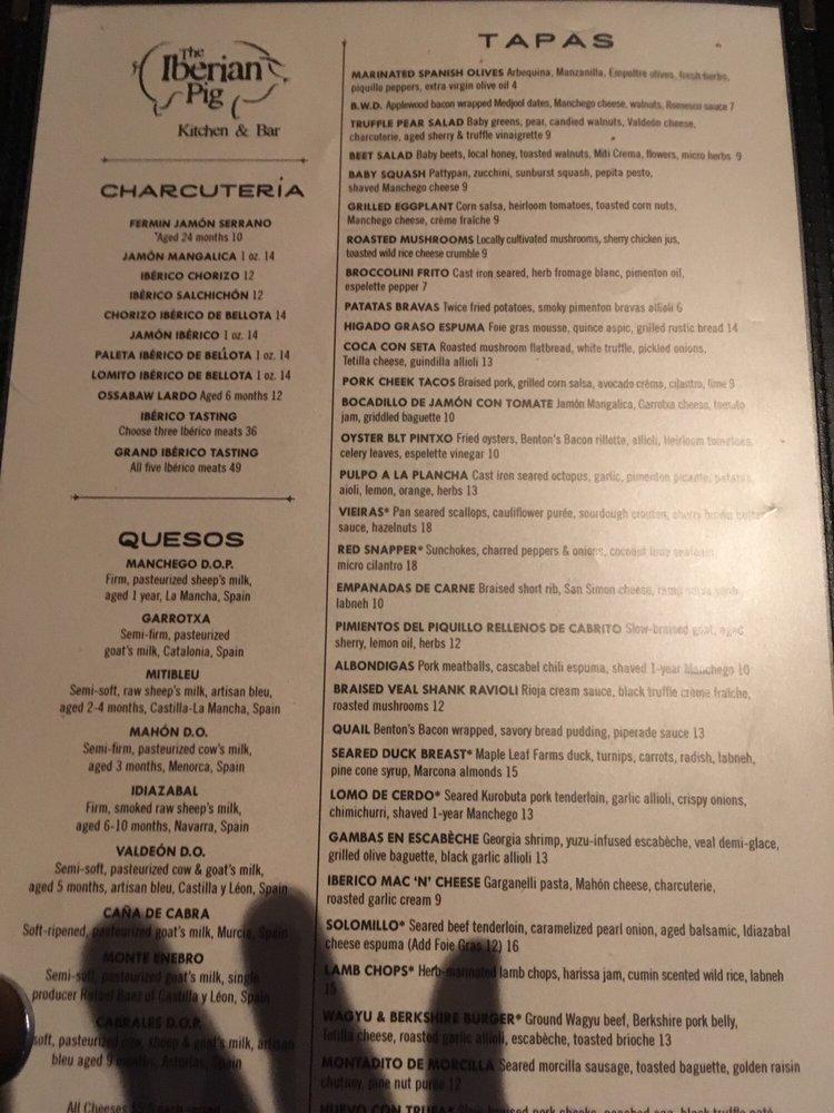 Menu at The Iberian Pig restaurant, Decatur, 121 Sycamore St
