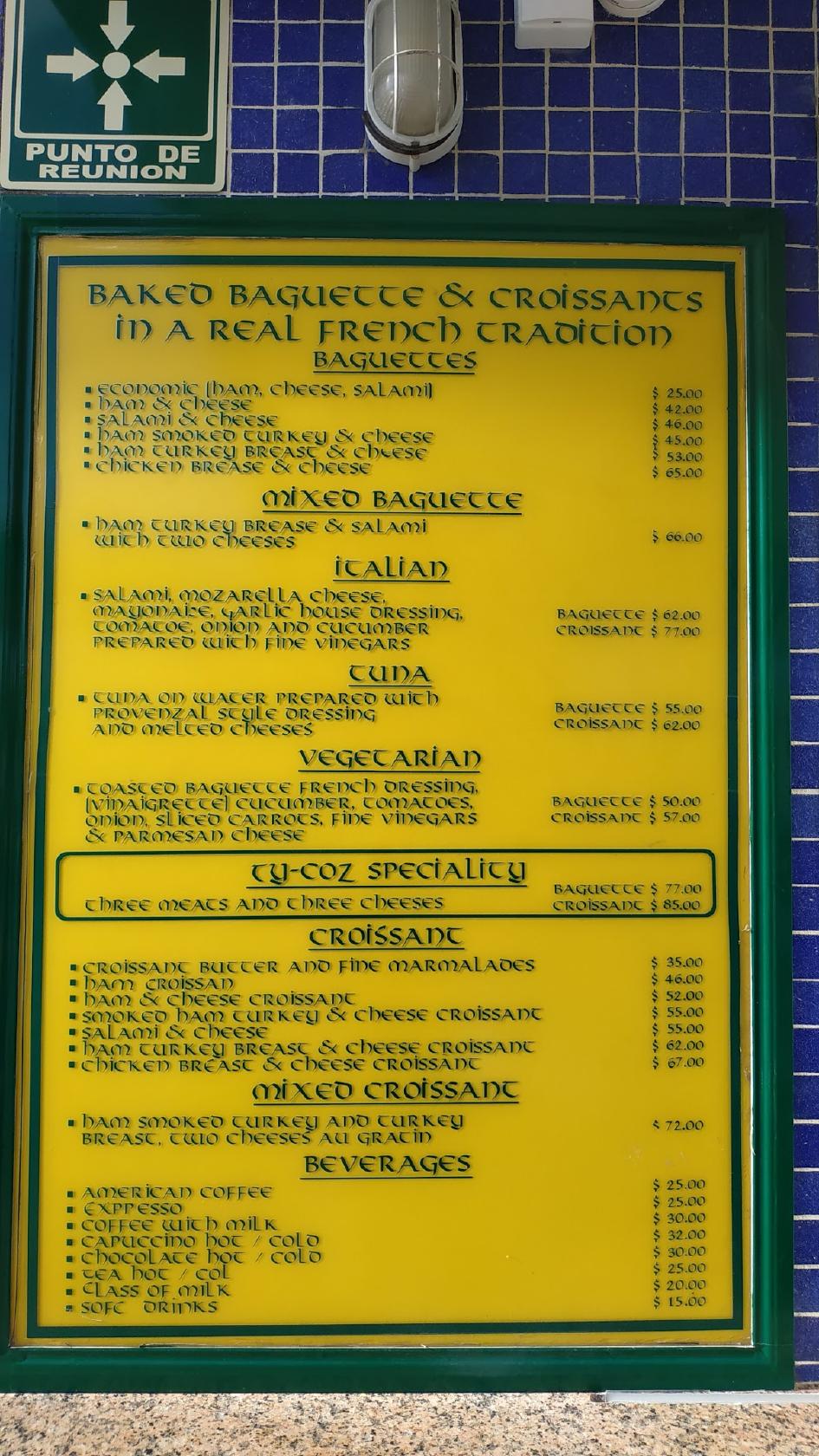 Carta del café Ty-Coz Express, Playa del Carmen, Carr Federal Mz 333 Lt 5