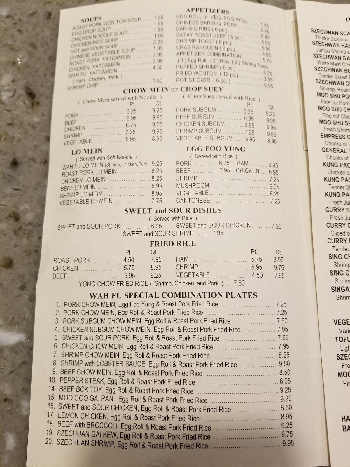 Menu at Wah Fu Chinese Restaurant, Cleveland