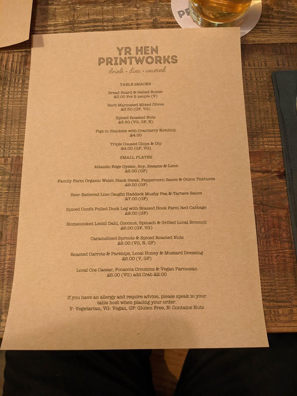 Menu at Yr Hen Printworks restaurant, Aberteifi, Carrier's Ln