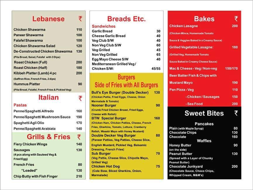 Menu at btw, Kolkata