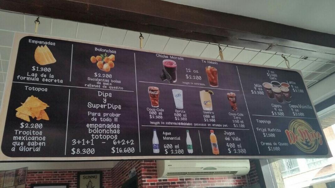 Menu at De Maiz restaurant, Villavicencio