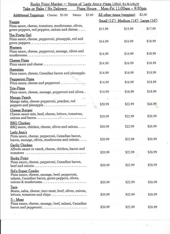 Menu at Lady Ann's Pizza pizzeria, Kelso
