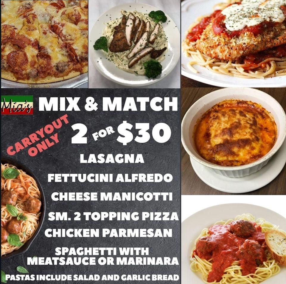 Menu at Mia's pizzeria, Waukesha