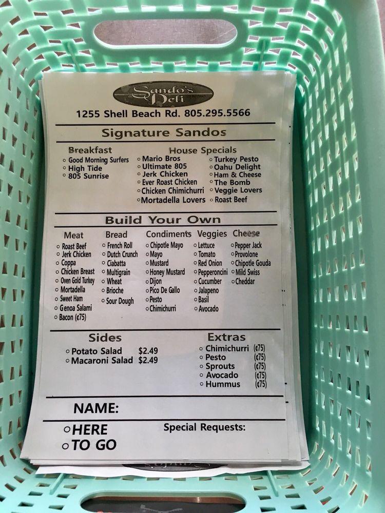 Menu at Sando's Deli restaurant, Pismo Beach