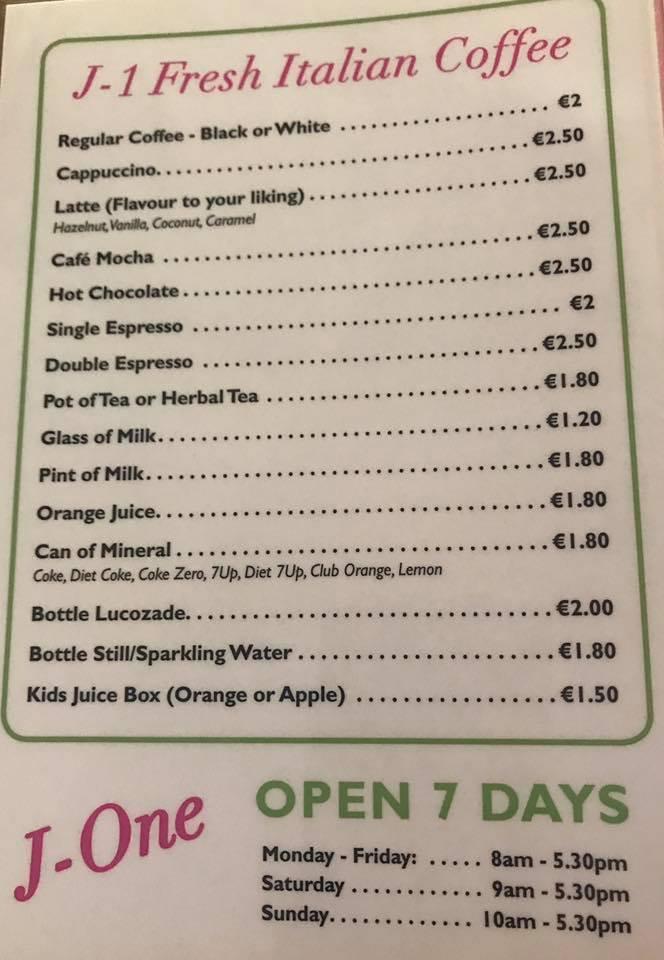 Menu at J-One Cafe, Athy