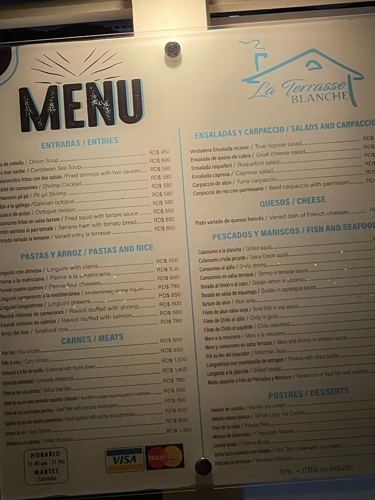 Menu at La Terrasse restaurant, Las Terrenas, 27 de Febrero