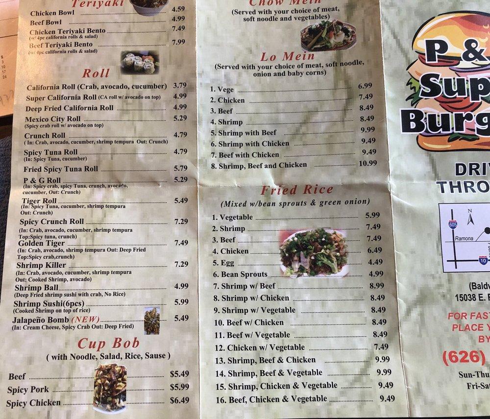 Menu at P&G Super Burger restaurant, Baldwin Park