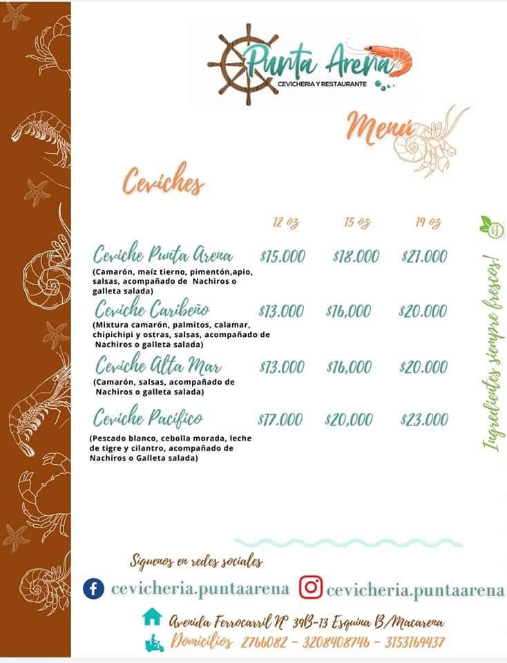 Menu at Punta Arena restaurant, Ibagué