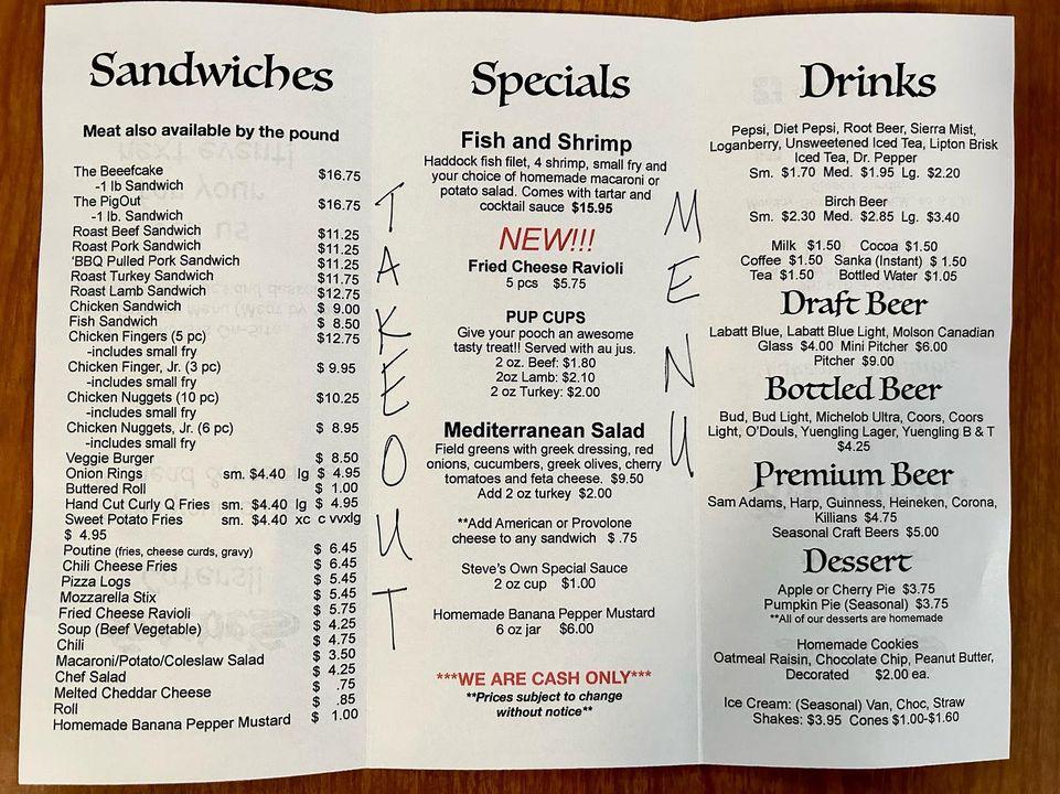 Menu at Steve's Pig & Ox Roast restaurant, Lackawanna