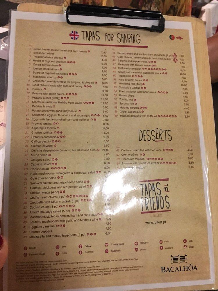 Menu at Tapas n´Friends Chiado pub & bar, Lisbon