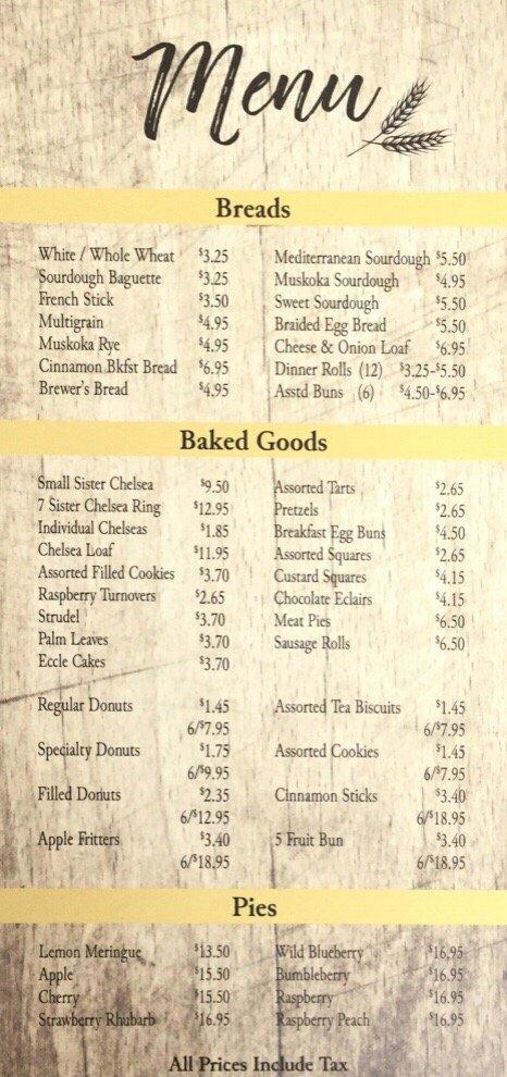 Menu at The Bakery, Gravenhurst