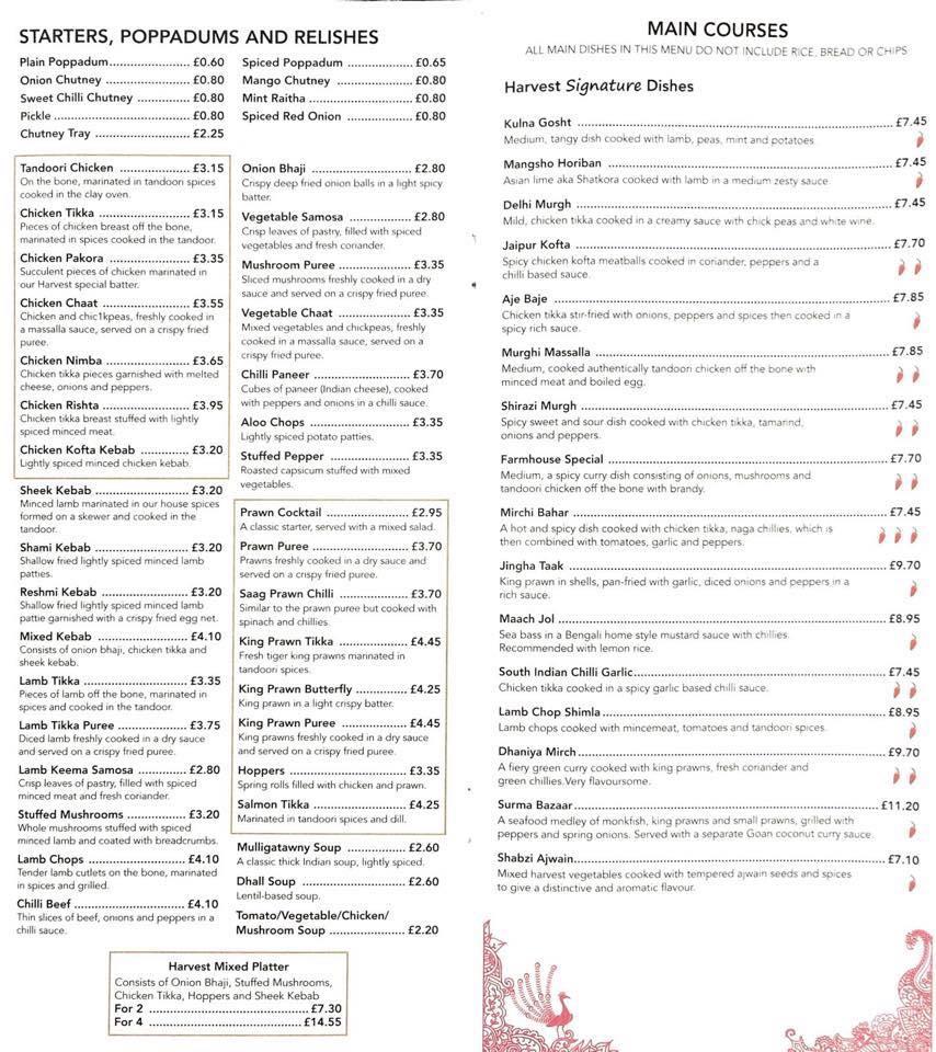 Menu at The Indian Harvest restaurant, Rawtenstall, 612 Burnley Rd