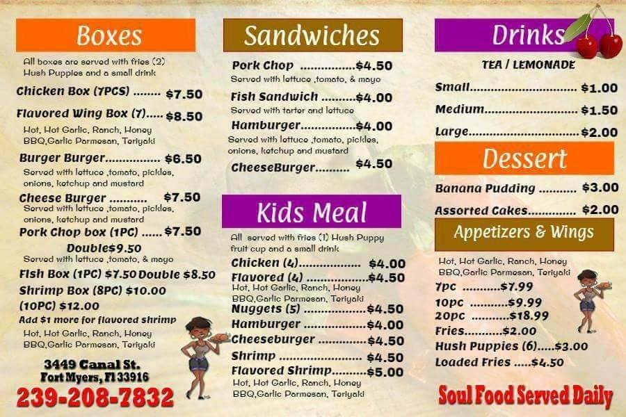 Menu at lucy's let's eat fast food, Fort Myers