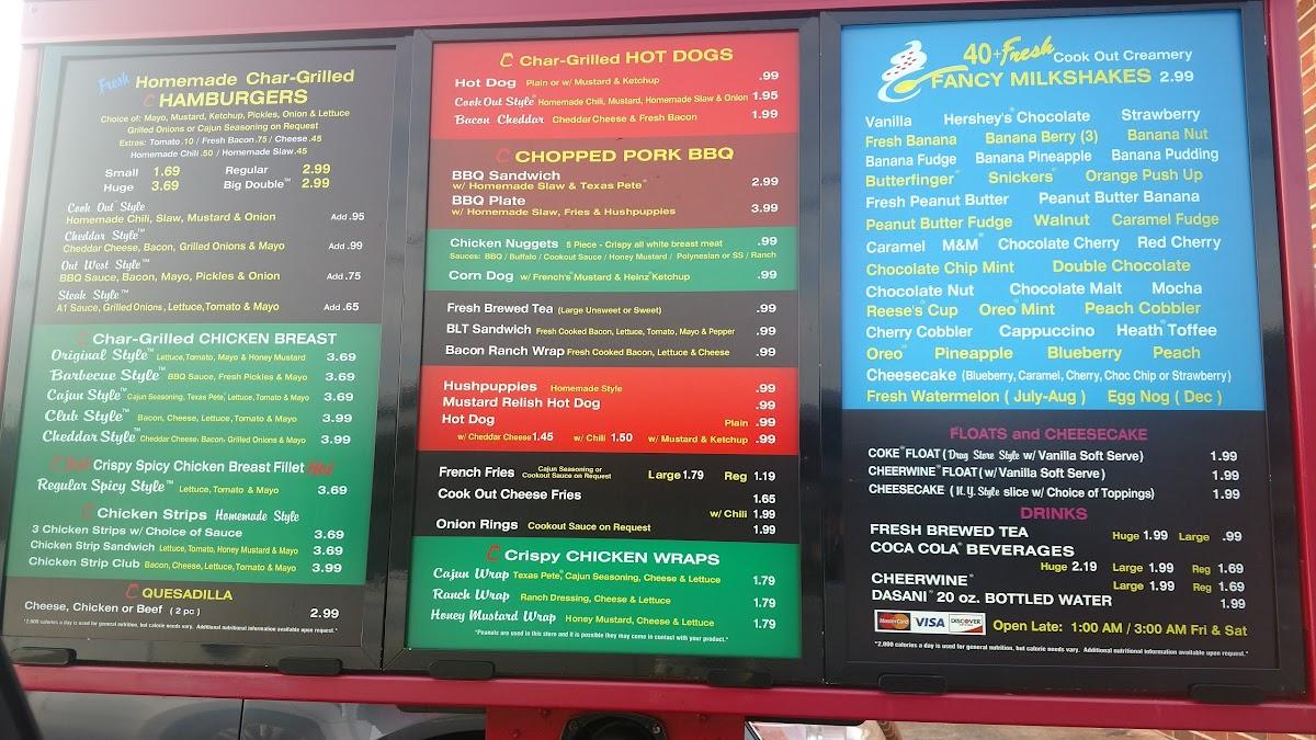 Menu at Cook Out fast food, Asheboro