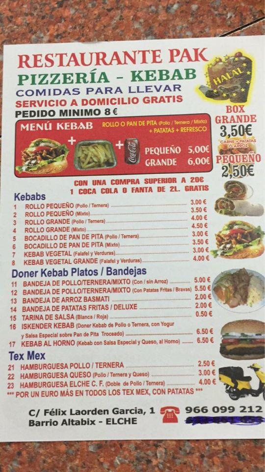 Menu at Pak, Döner Kebab restaurant, Elche