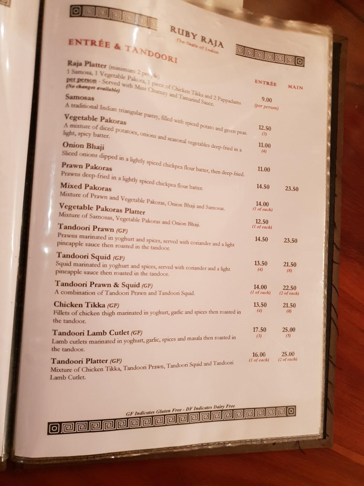 Menu at Ruby Raja Indian Restaurant, Tea Tree Gully
