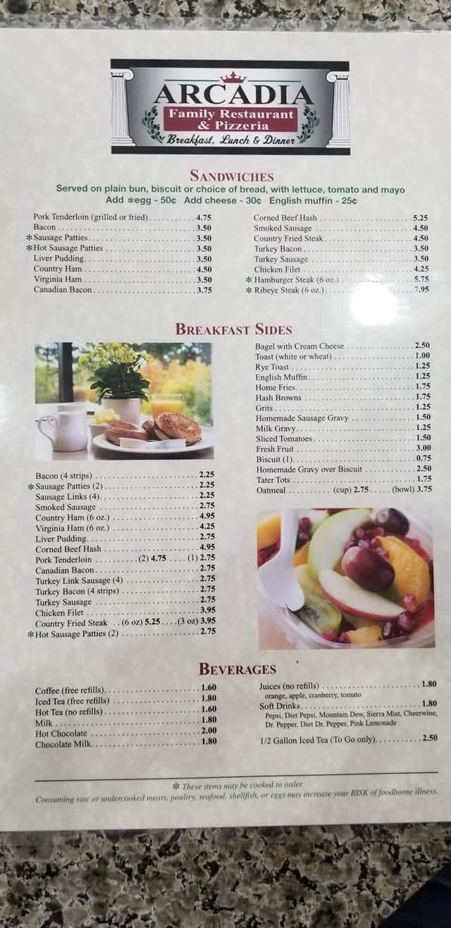 Menu at Arcadia Family Restaurant & Pizzeria, Winston-Salem, 125 ...