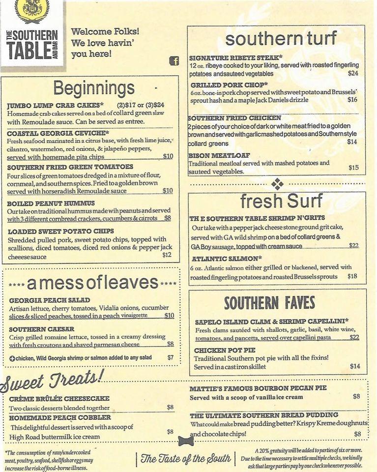 Menu at Southern Table Boom Boom Bar, Brunswick